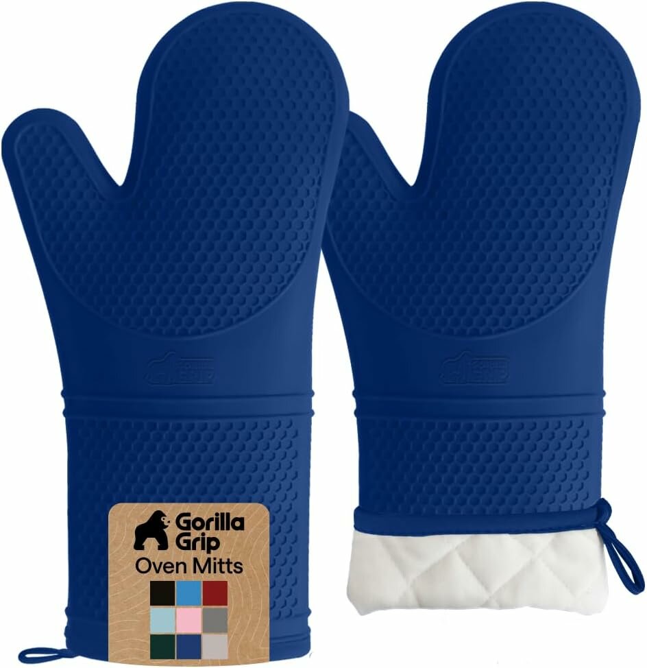 Кухонные прихватки GORILLA GRIP из мягкого силикона без BPA, термостойкие и водонепроницаемые защитные перчатки для готовки, с толстой хлопковой подкладкой, гибким захватом, набор кухонных прихваток для гриля и барбекю, 12.5x8.3, черные.