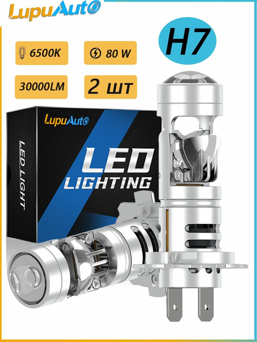 Светодиодные Bi-LED миниатюрные линзы H7, 30000LM 6500K, LupuAuto Автомобильная лед-лампа, 2 шт