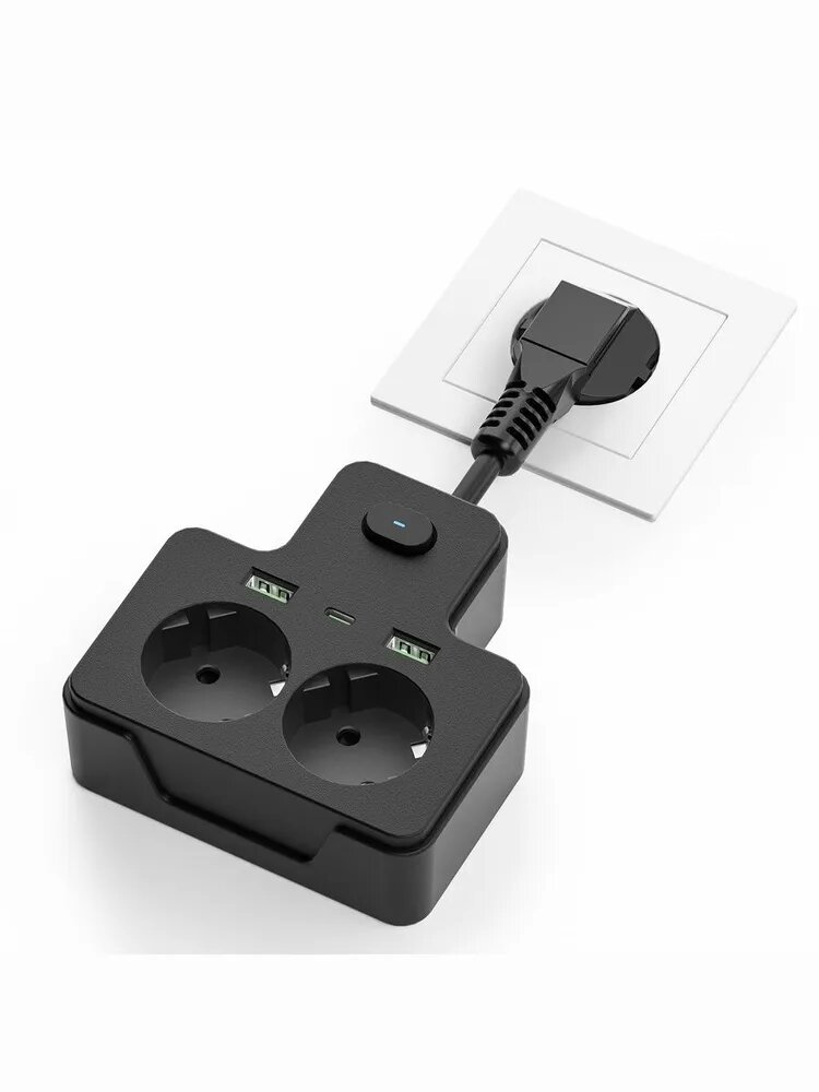 Переходник-разветвитель EU розетка,2 USB/Type-c (5V/3.1A) на двойной разъем, макс 250 В/16 А шнур 5 см * 1 кв фут