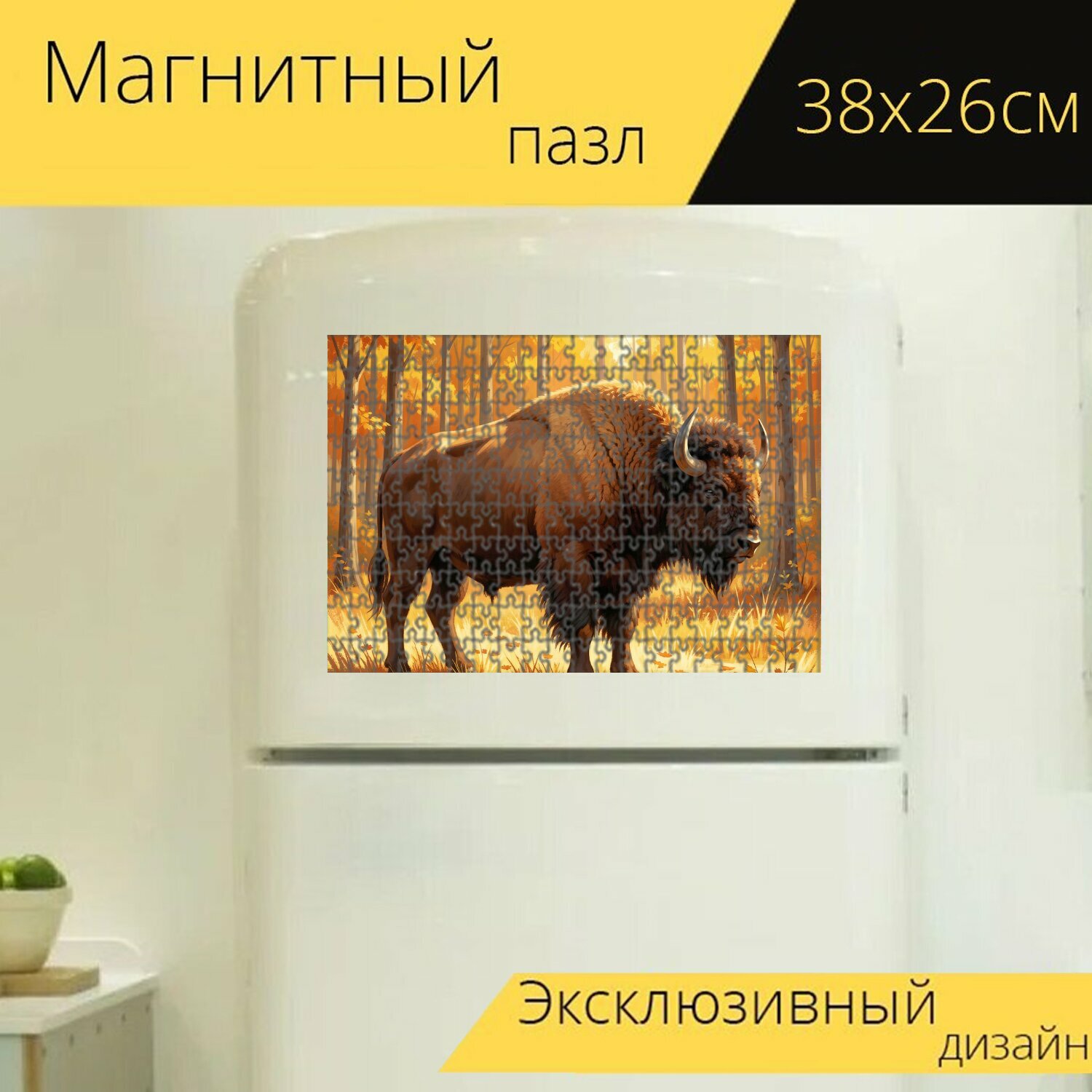 Магнитный пазл "Бизон в осеннем лесу. Могучий зубр среди золотой рощи, цифровая живопись в теплых оранжево-медовых тонах. Дикая природа, лесной зверь." для интерьера, 38х26 см.