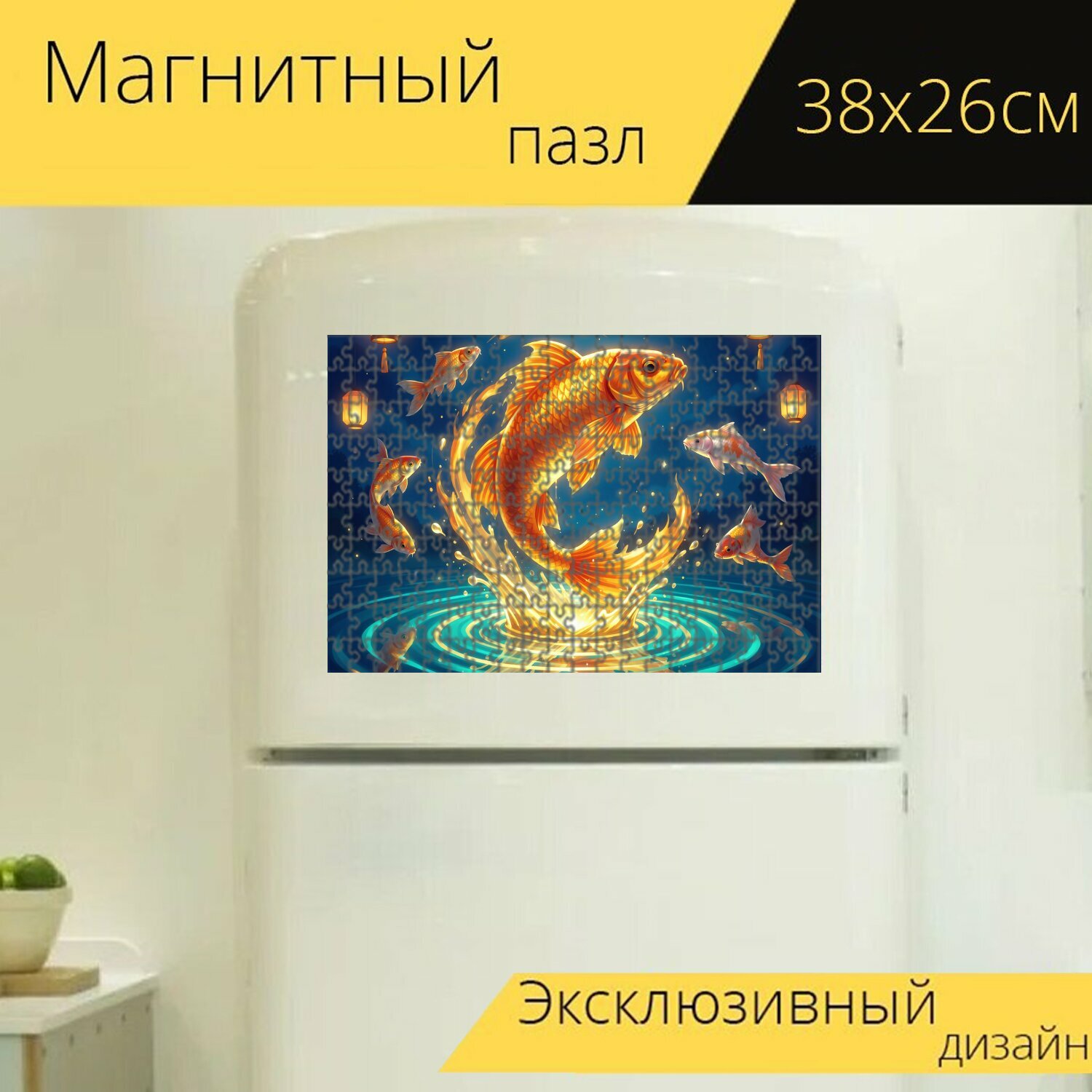 Магнитный пазл "Золотой карп среди фонариков. Сияющая рыба выпрыгивает из воды в ночной сцене, окружённая кои, брызгами, бликами и китайскими лампами." для интерьера, 38х26 см.