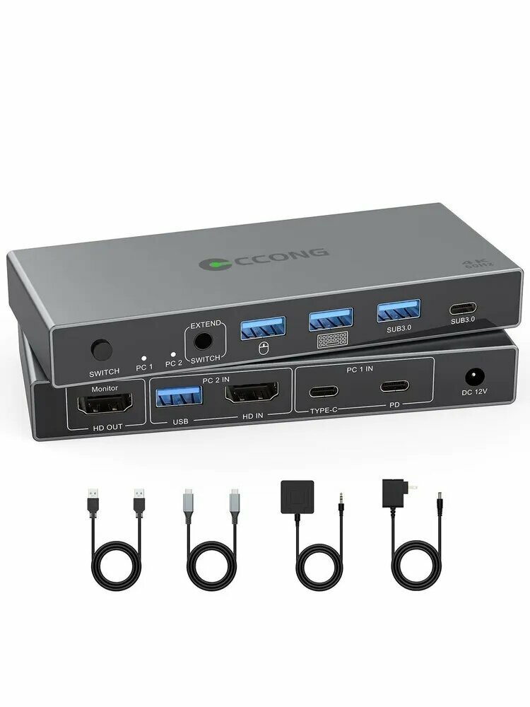 CCONG USB C HDMI KVM Switch 1 Мониторы 2 Компьютеры, 4K@60Hz 2 порта для 1 ноутбука 1 рабочего стола