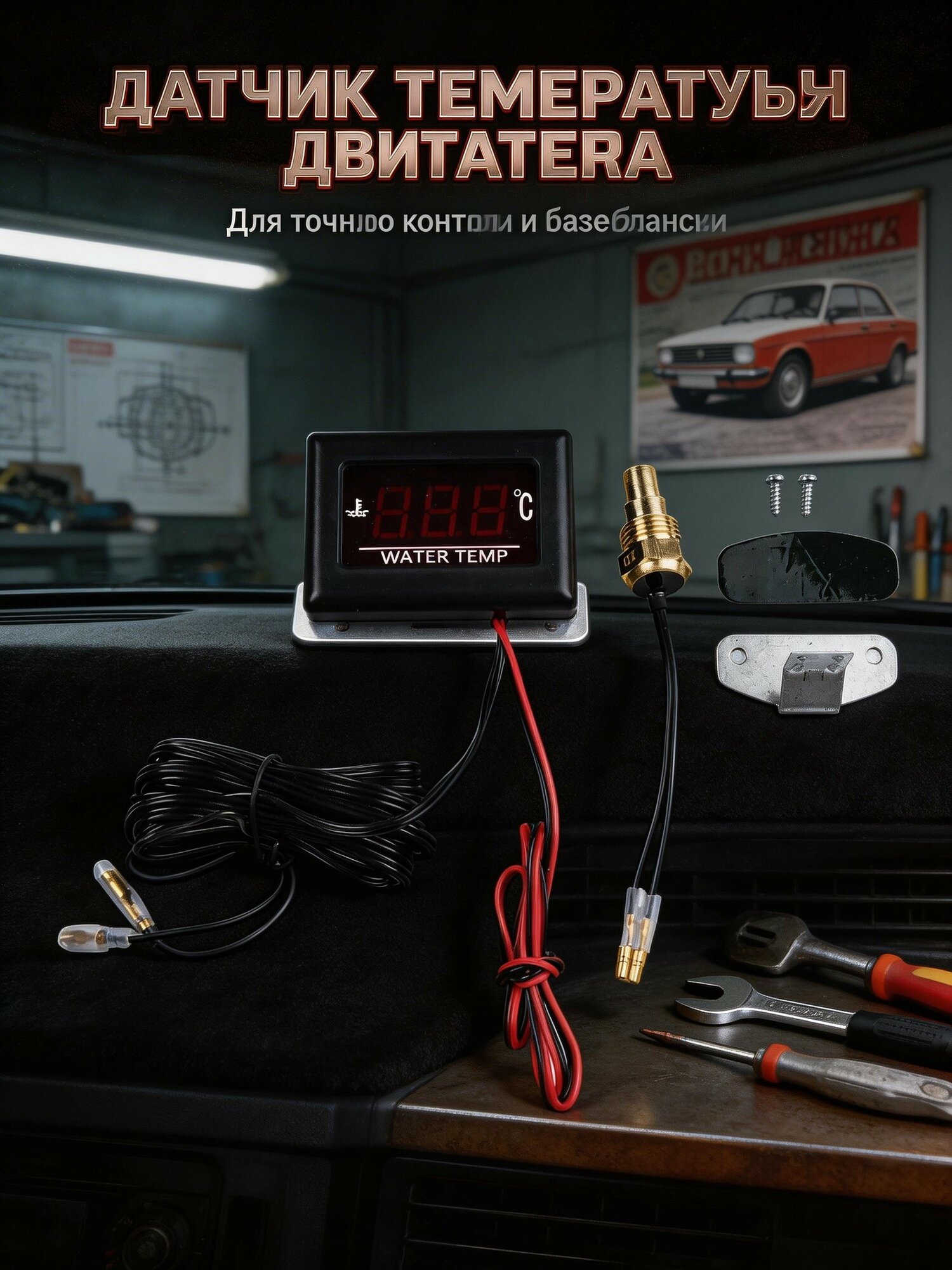 Комплект датчика температуры воды с цифровым дисплеем для автомобильного двигателя, питание 12–24 В, простая установка и защита от вибраций