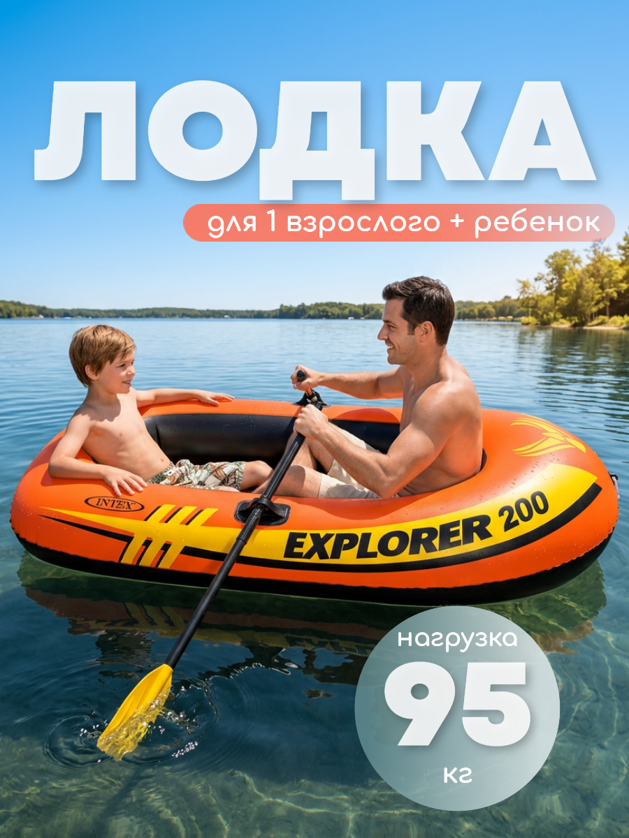 Лодка надувная двухместная для рыбалки и отдыха с насосом и веслами