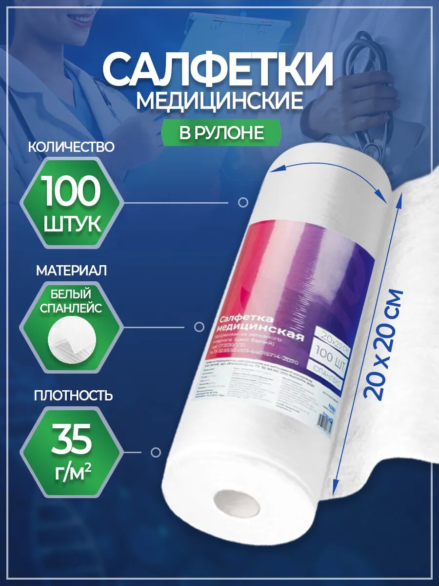 Салфетки одноразовые в рулоне 100 шт, 20 х 20 см, Beajoy, спанлейс