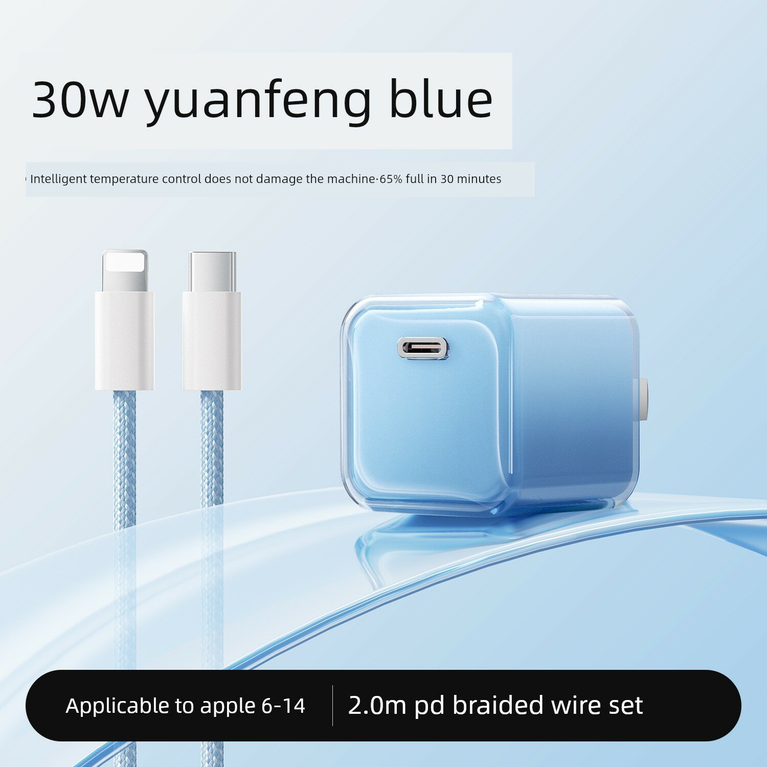 Набор 30Вт GaN зарядное устройство и кабель 2.0м USB-C PD для iPhone 14-17, Акваблю