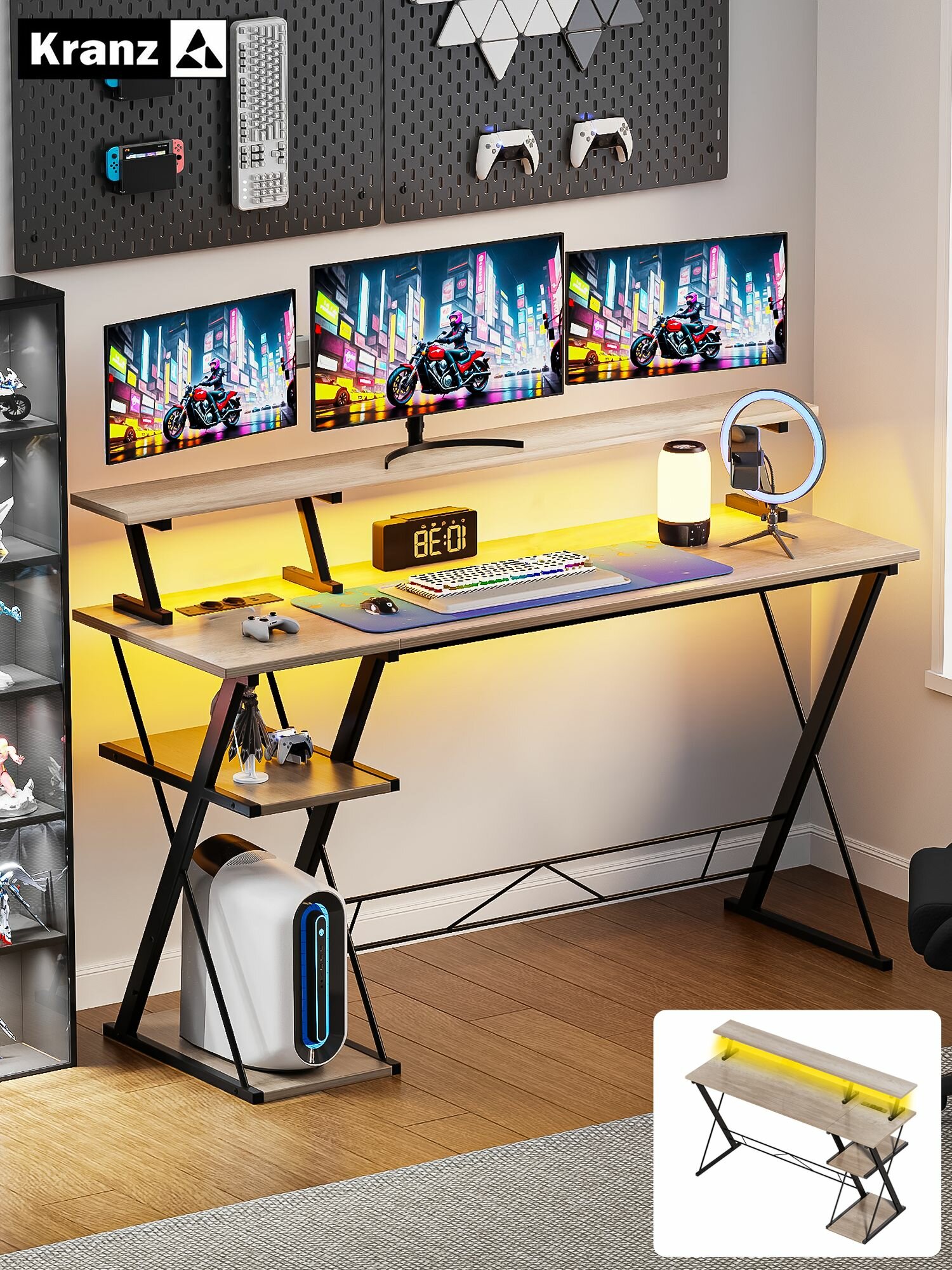 Игровой стол Kranz, LED-подсветка, блок питания, с полками, универсальный угол