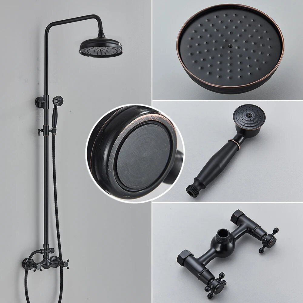 POIQIHY ORB Черный душевая кран для ванной комнаты В стене 8" Дождевый дус из латунницы Комплект смесителя Кран для ванны Двух ручек - ORB Черный D gg