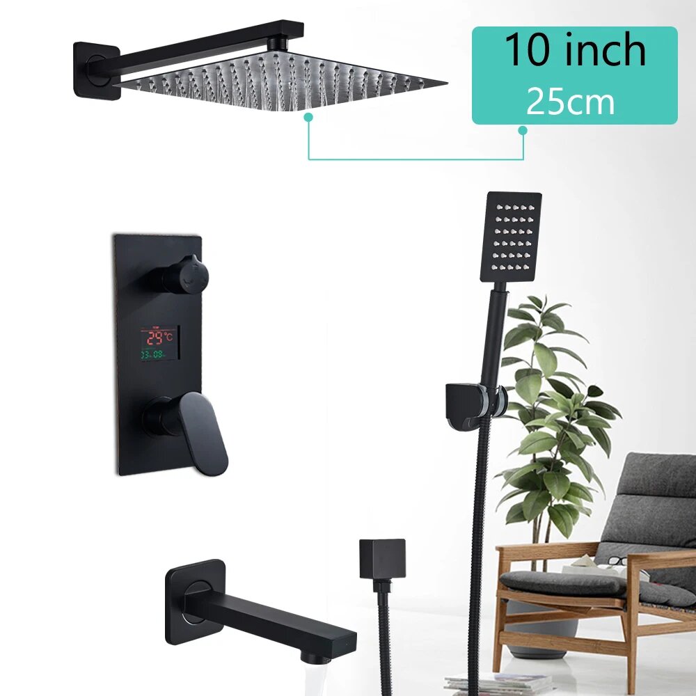 Матово-черный душевой смеситель для ванной с цифровым дисплеем, дождевой душевой системой, водопадным душем, смесительным краном для ванны — 3-ходовой, 10 дюймов A