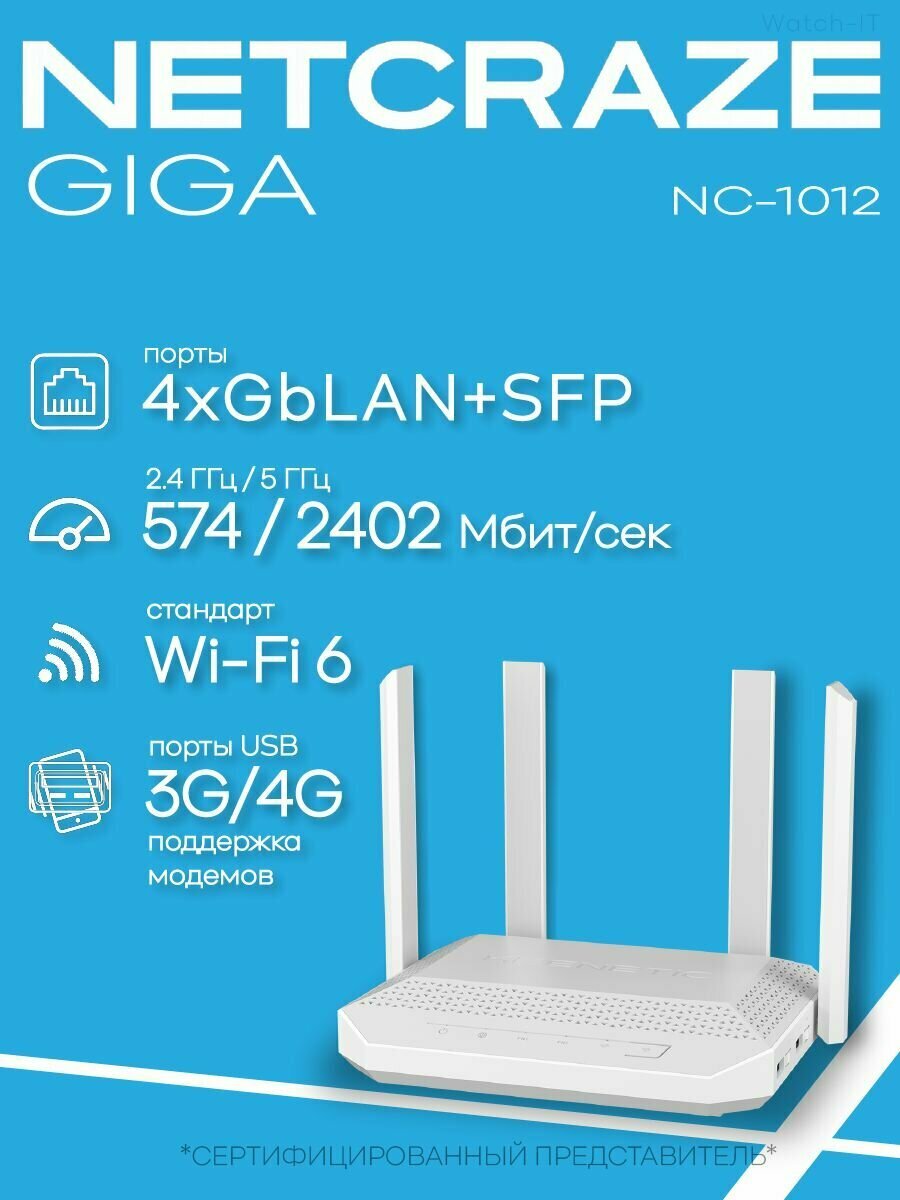 WiFi роутер Netcraze Giga (NC-1012) с Mesh Wi-Fi 6 AX3000, 2.5 Gigabit Ethernet, SFP