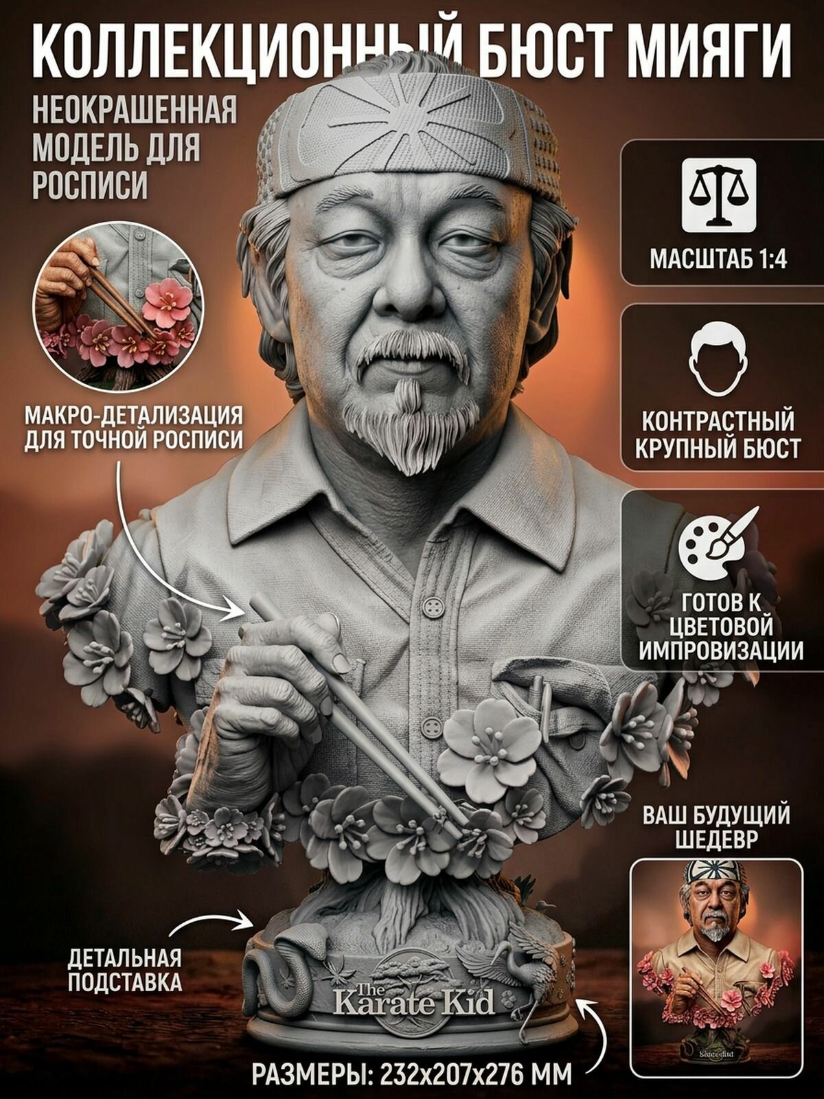 Сборная модель Miyagi (The Karate Kid), бюст, 276мм, 1/4 для покраски