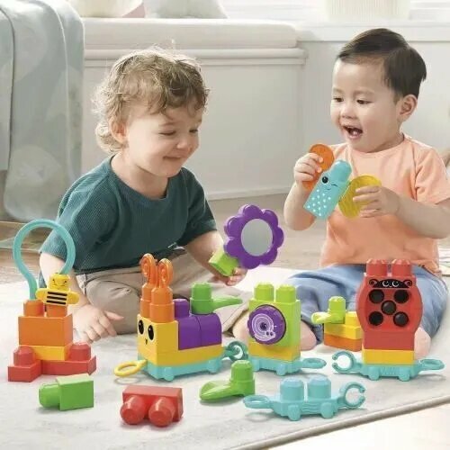 MEGA BLOKS Fisher-Price, Сенсорные игрушечные блоки, гусеница с подвижными пазами (24 предмета) для малышей