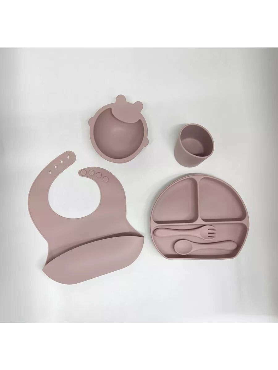 Набор детской посуды, для кормления, силиконовый, 6 предметов, розовый