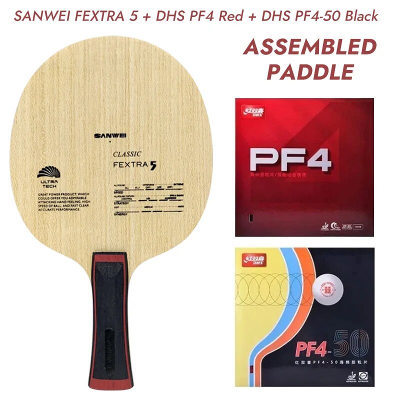 Лезвие для настольного тенниса SANWEI FEXTRA 5 + DHS PF4 Red + DHS PF4-50 Black, Paddle E