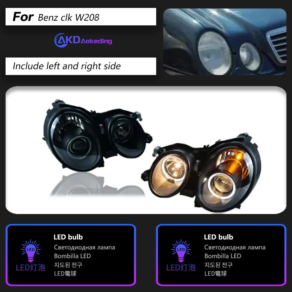 Фаркоп AKD для Benz clk W208 LED фара 1997-2003 Фары W208 дневной ходовой огонь поворотный сигнал дальний свет ангельские глаза проекционный линза