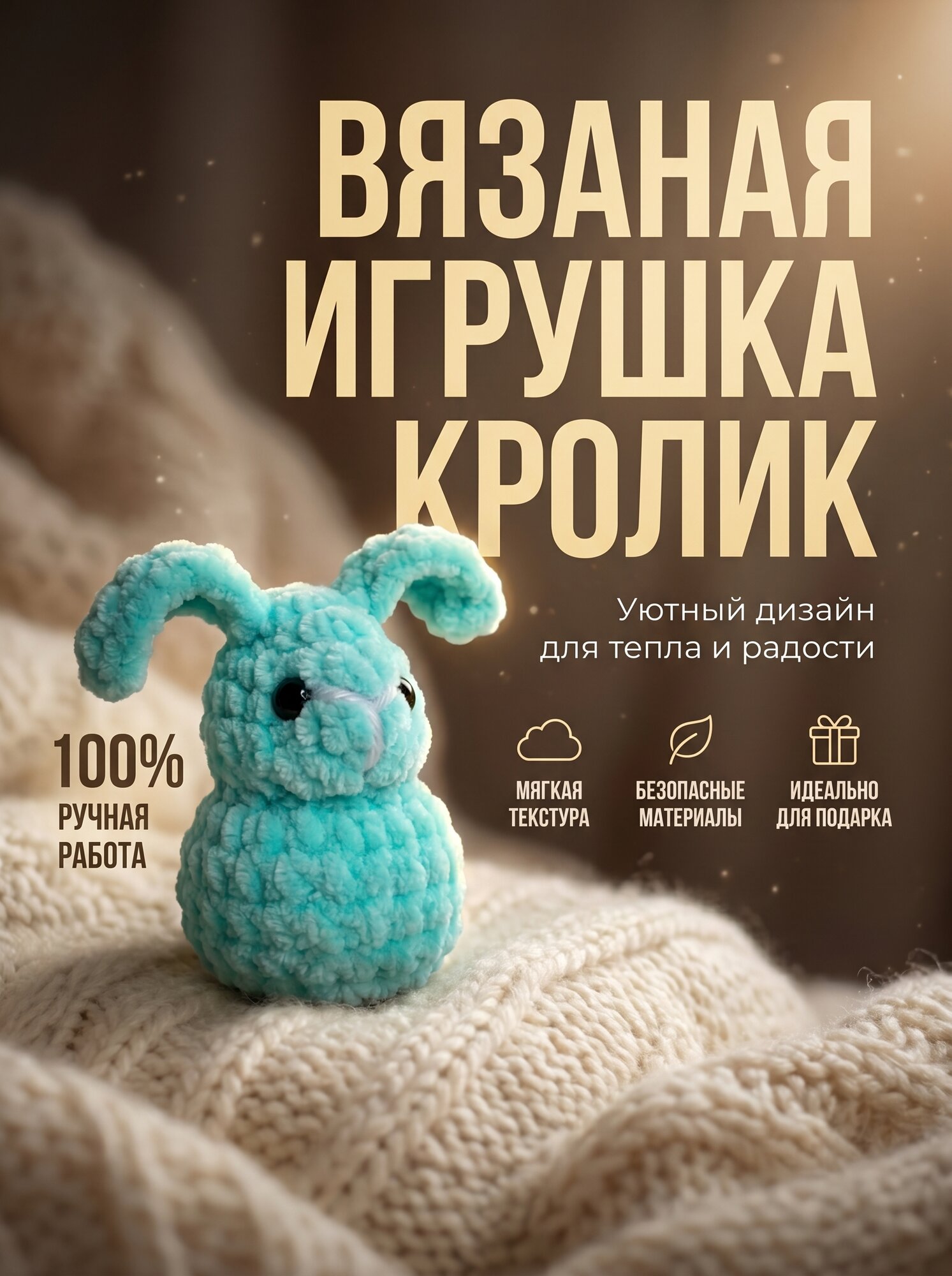 Мягкая игрушка Юренок "Зайчик", ручная работа, гипоаллергенная пряжа, наполнитель холлофайбер