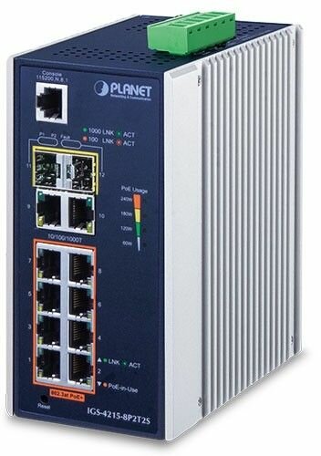 IP30 Industrial L2/L4 8-Port 10/100/1000T 802.3at PoE + 2-Port 10/100/100T + 2-Port 100/1000X SFP Managed Switch (-40~75 degrees C), dual redundant po