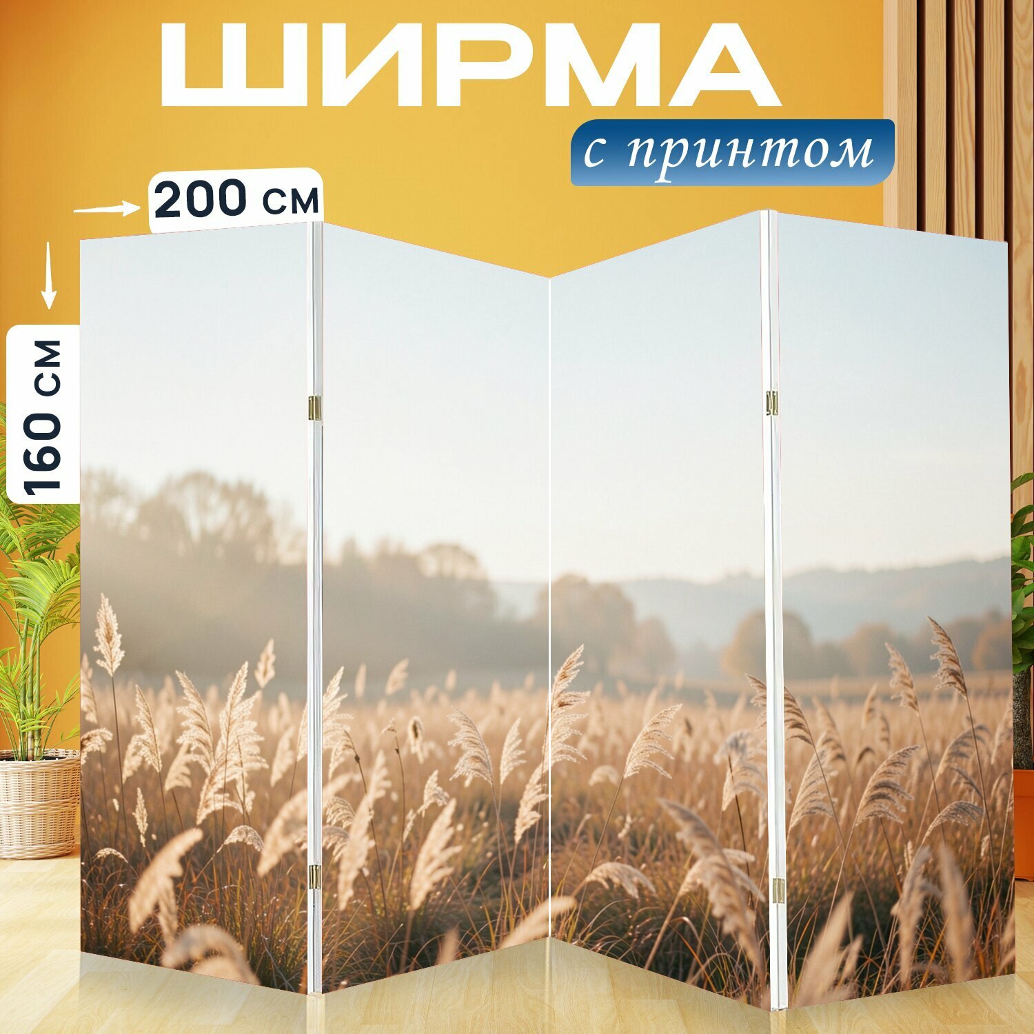 Ширма "Травяное поле в утреннем свете. Золотистый луг с высокими злаками и мягкими колосьями в туманной дымке." перегородка для зонирования комнаты с принтом 200x160 см. на холсте