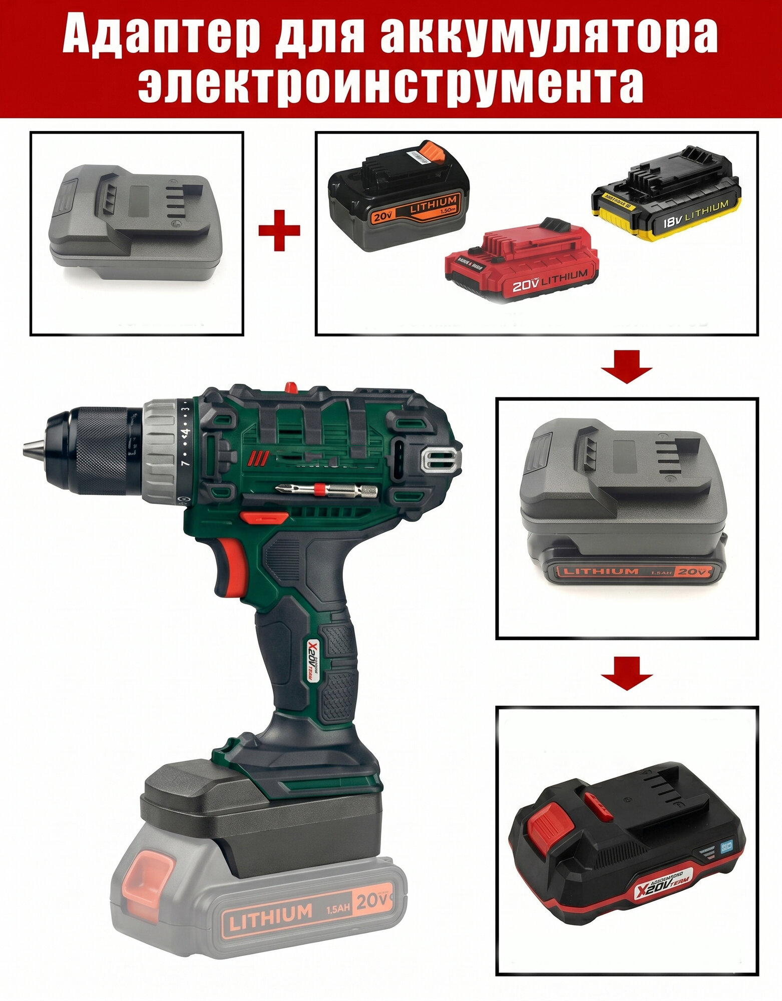 Аккумуляторный адаптер для аккумуляторов Black&Decker / Porter-Cable 18V/20V к инструментам Parkside 20V