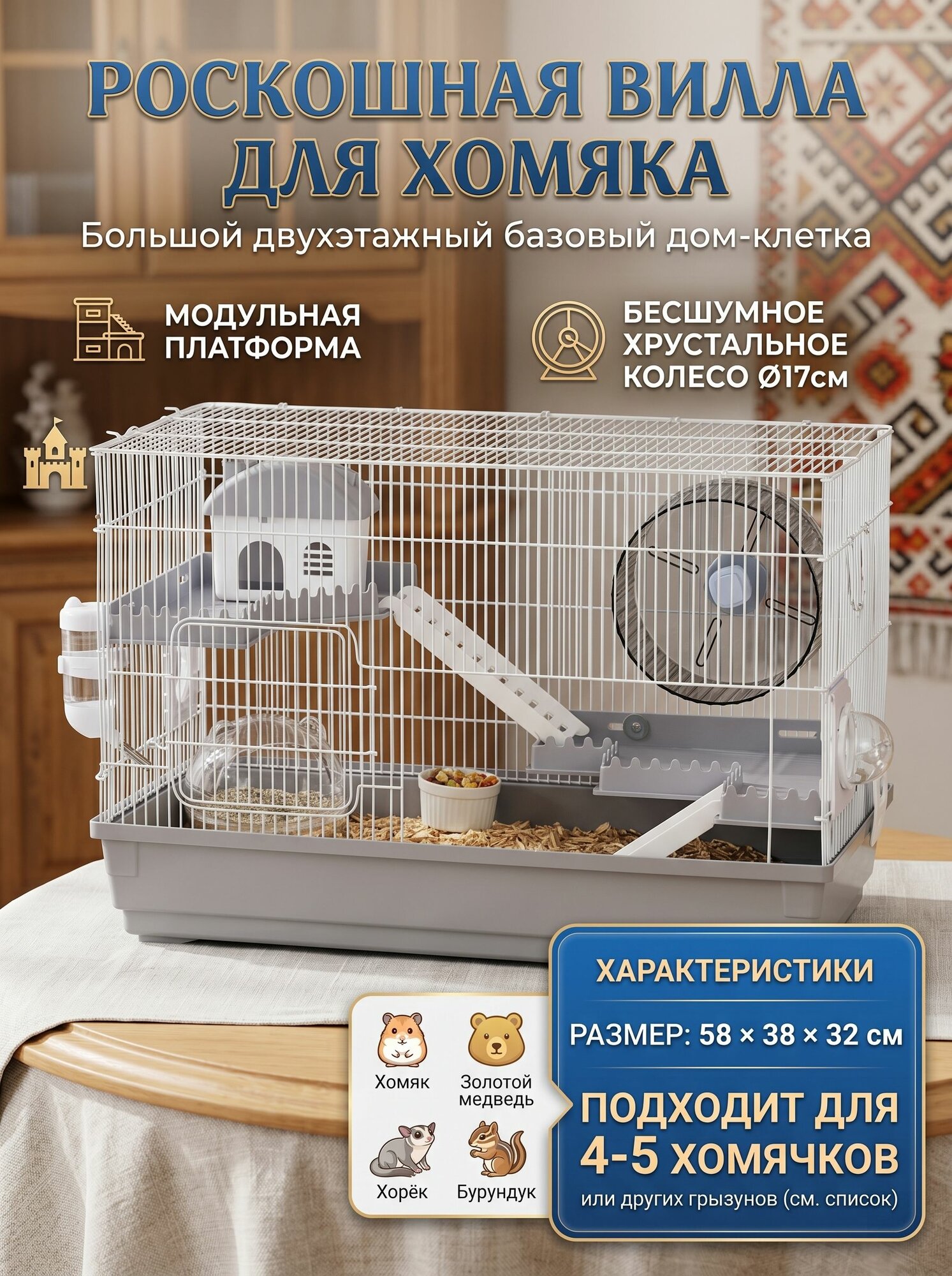 Большая двухслойная клетка для хомяка, для нескольких хомяков