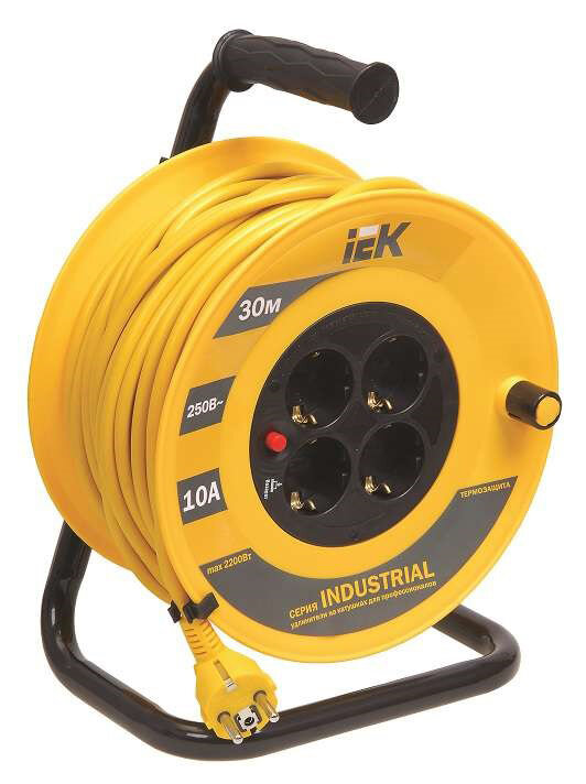 Удлинитель силовой IEK Industrial (WKP14-10-04-30) 1кв. мм 4розет. 30м ПВС 10A катушка желтый