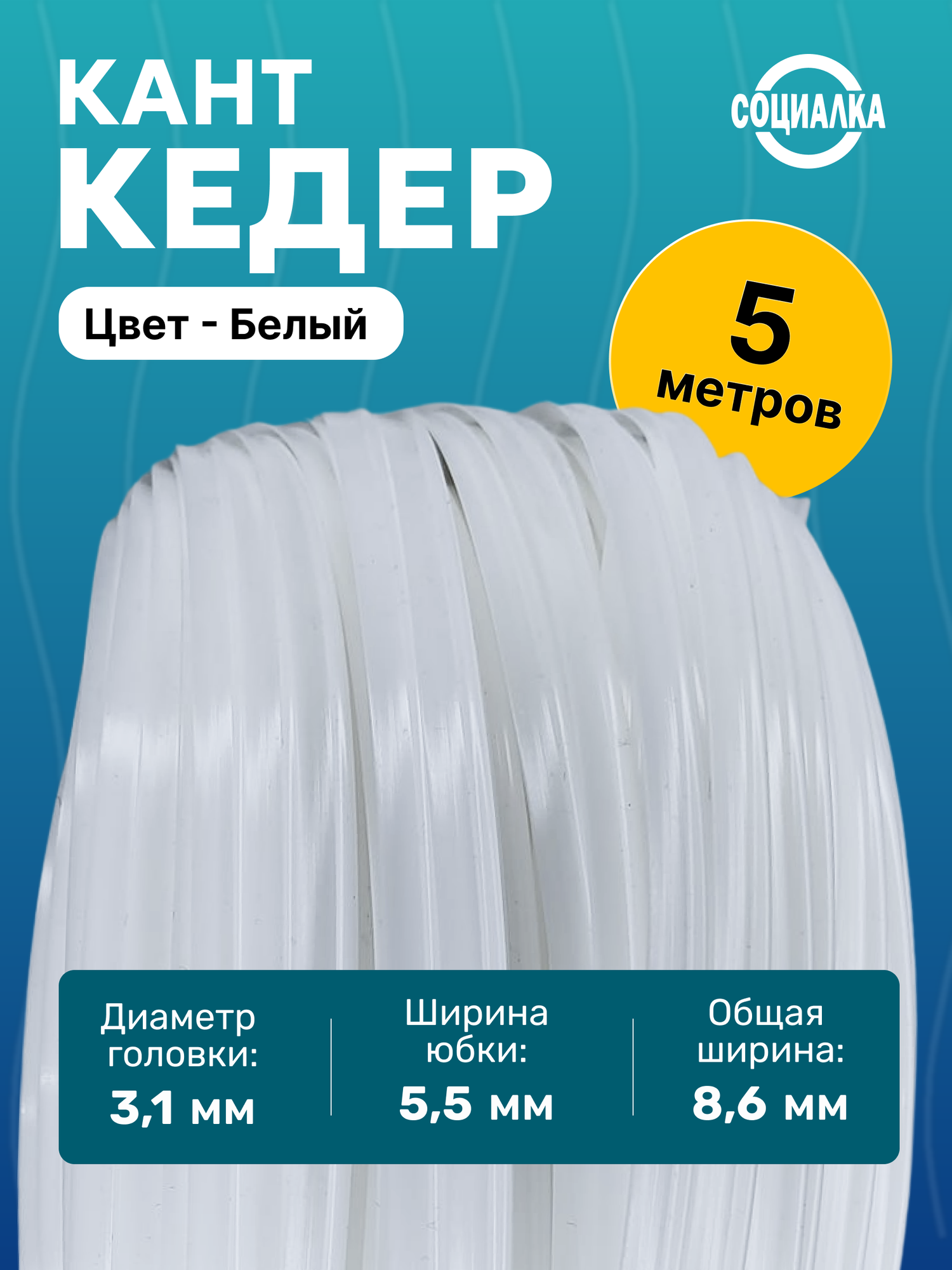 Кедер ( кант, жилка) для сумок, авточехлов и одежды, намотка 5м, белый/размер: ширина головки 3,1мм; длина юбки 5.5мм