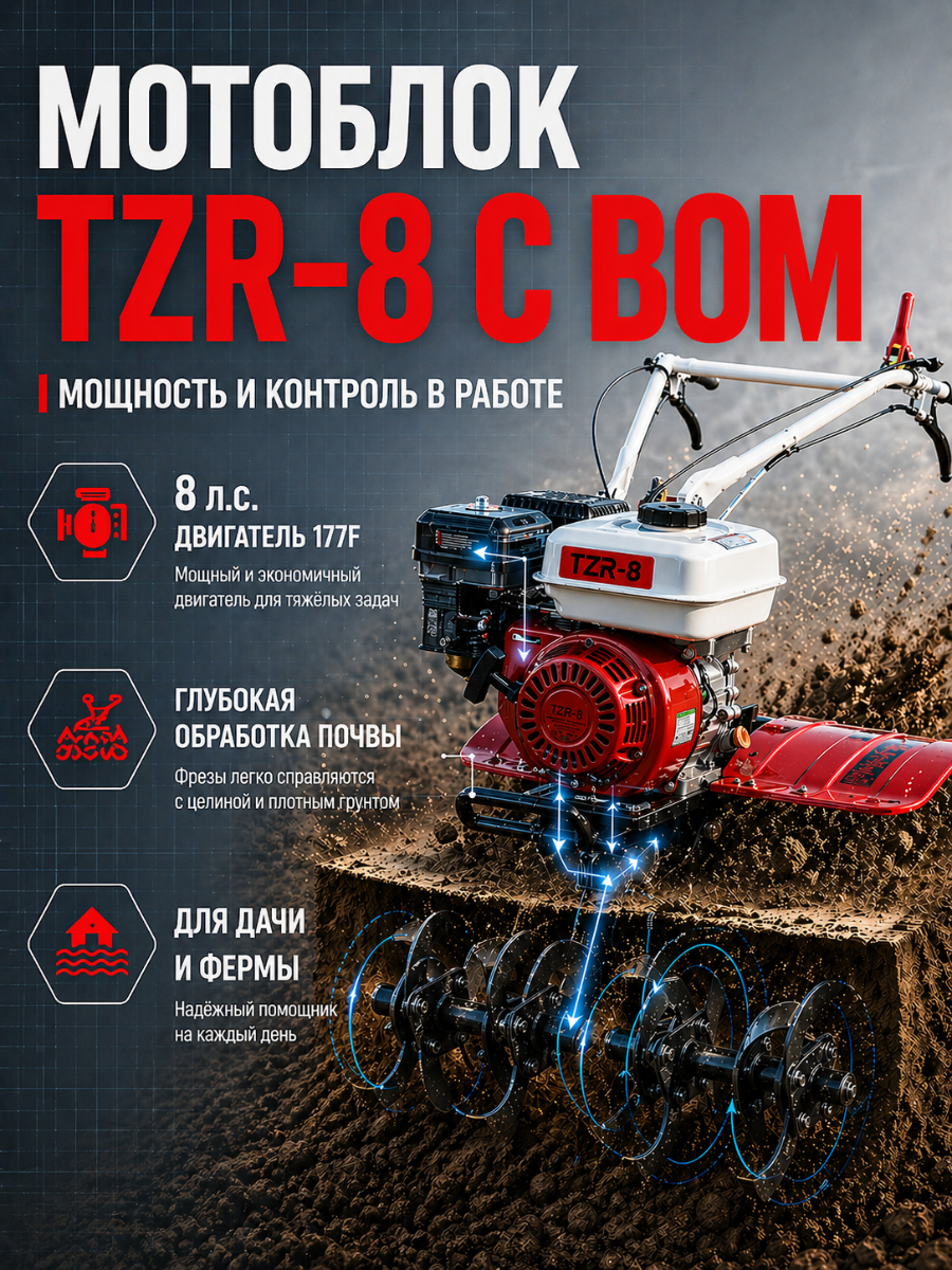 Мощный мотоблок бензиновый TZR-8 с валом отбора мощности, 8 л. с. 4.00-8