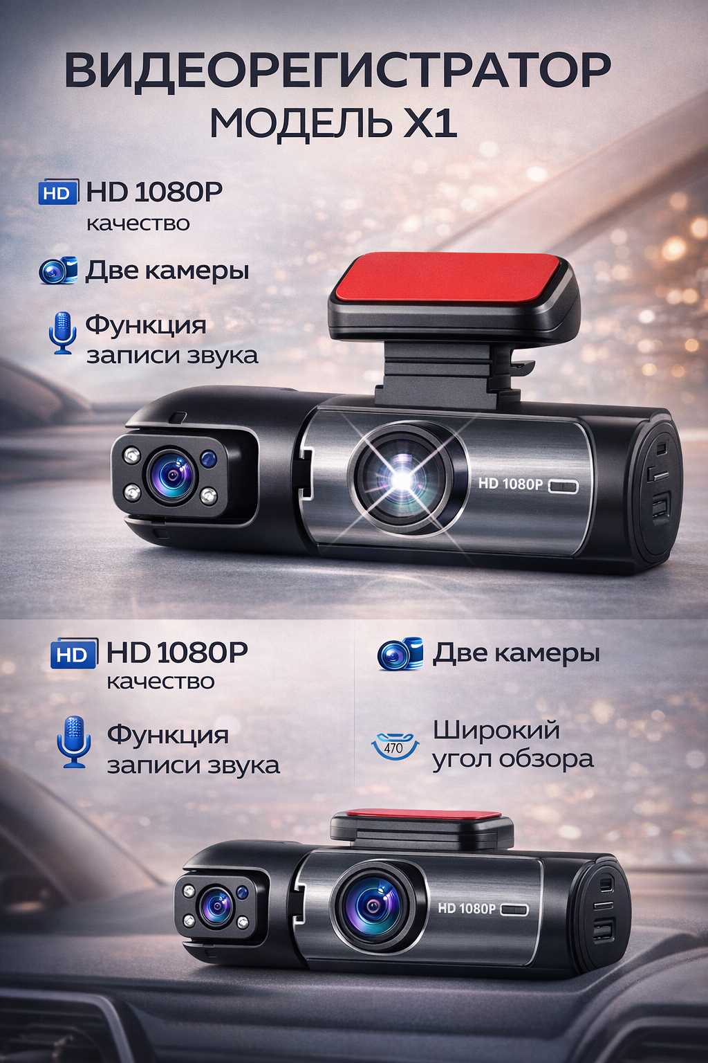 Видеорегистратор двухкамерный HD 1080P с экраном и поворотной камерой — магазин Vel1on!