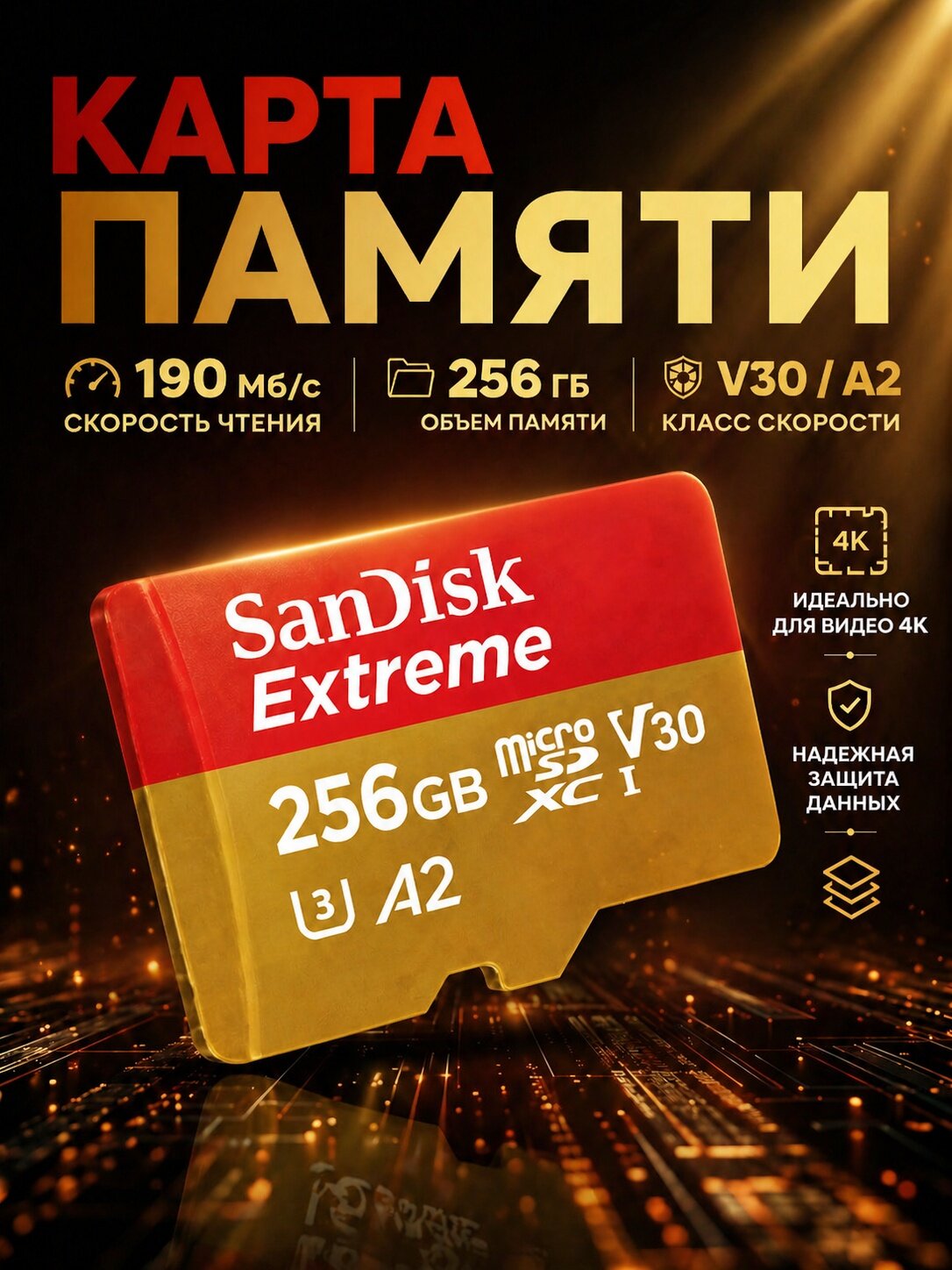 Карта памяти SanDisk MicroSDXC 256 GB Extreme, Чтение 190 MB/s, Запись 130 MB/s