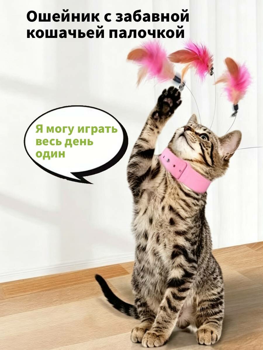 Интерактивный ошейник для кошки с перьями и колокольчиком регулируемый для игр дома розовый