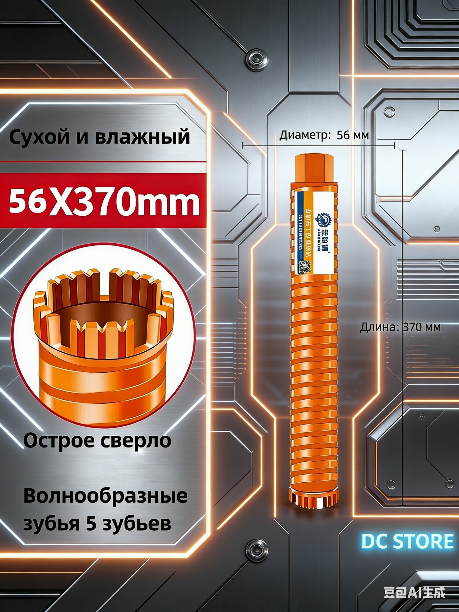 Алмазная коронка сухорез для кондиционеров, 56x370mm, 1шт