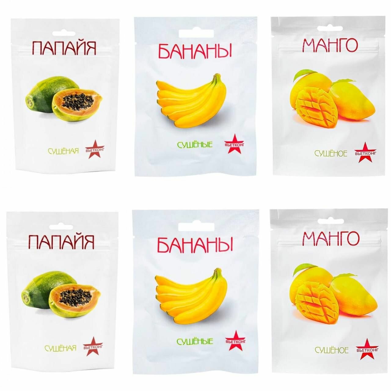 Папайя сушеная, бананы сушеные, манго сушёное Вьетконг, 70 г - 6 упаковки