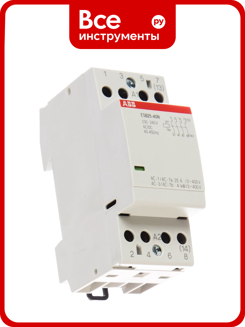 Контактор ABB ESB25-40N-06 модульный 25А АС-1, 4НО, катушка 230В AC/DC 1SAE231111R0640 DIN‑рейка, необратный контакт