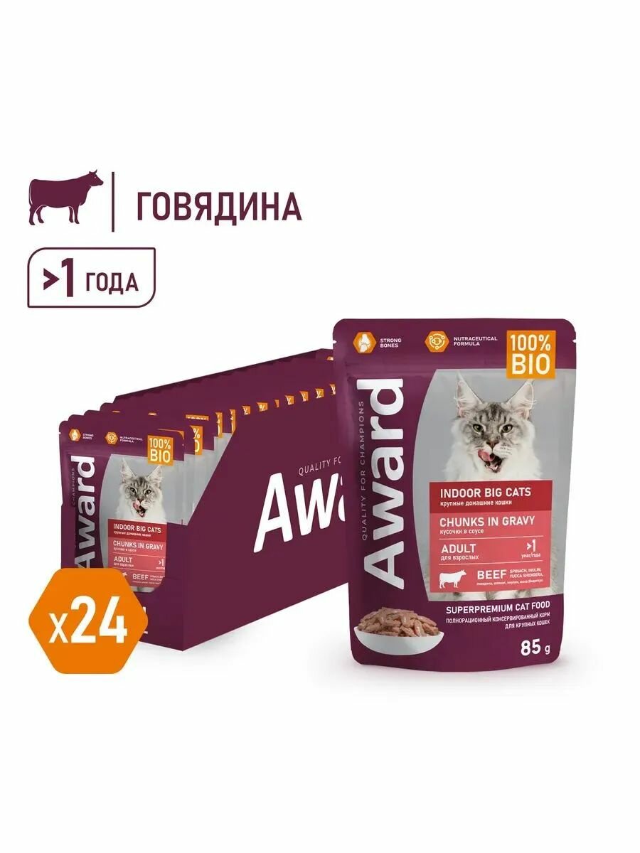 Влажный корм AWARD Indoor big cats для взрослых домашних кошек крупных пород кусочки в соусе с говядиной 85г*24шт