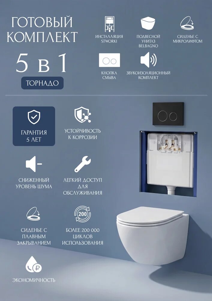 Комплект 5 в 1: Инсталляция STWORKI Хельсинки S33500BK / Унитаз подвесной BelBagno Uno BB5177CH-TOR/SC / Сиденье с микролифтом, Комплект шумоизоляции, Кнопка матовая черная
