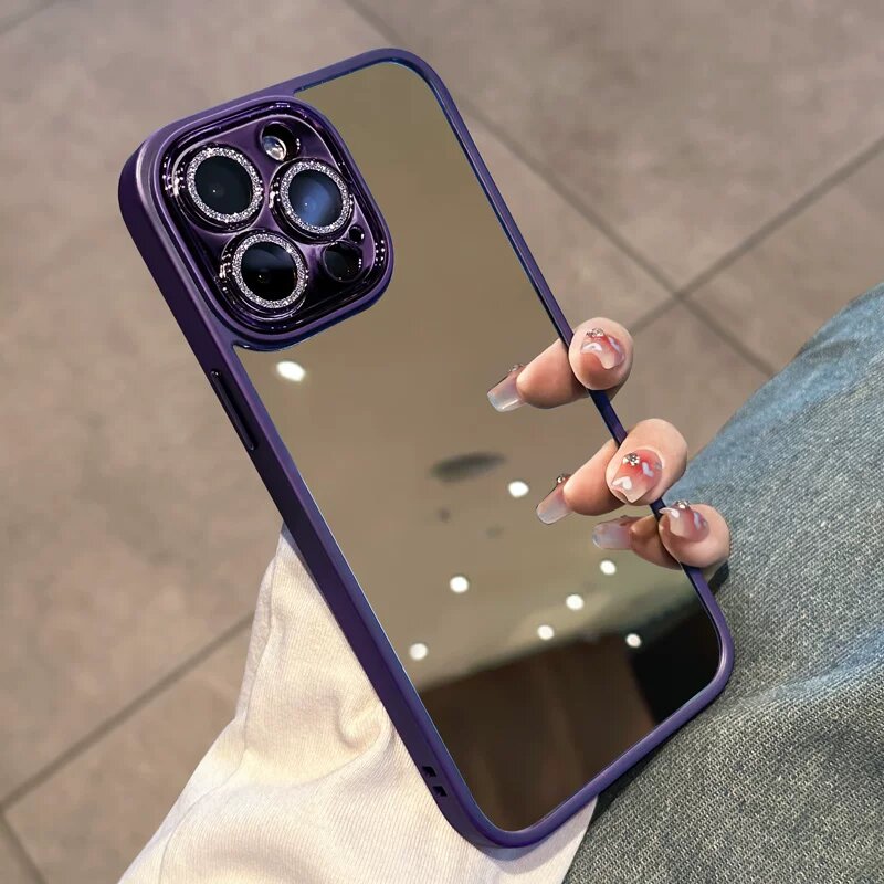 Чехол для iPhone 16 Pro с темно-фиолетовым ободком и зеркалом, встроенная пленка объектива