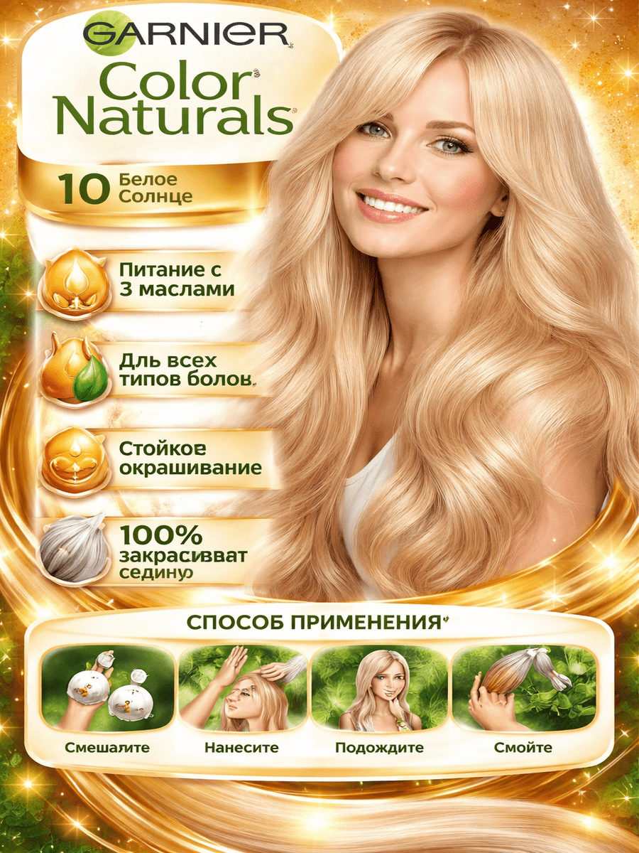 Крем-краска для волос Garnier Color Naturals Питательная c 3 маслами 10 Белое солнце, 110мл