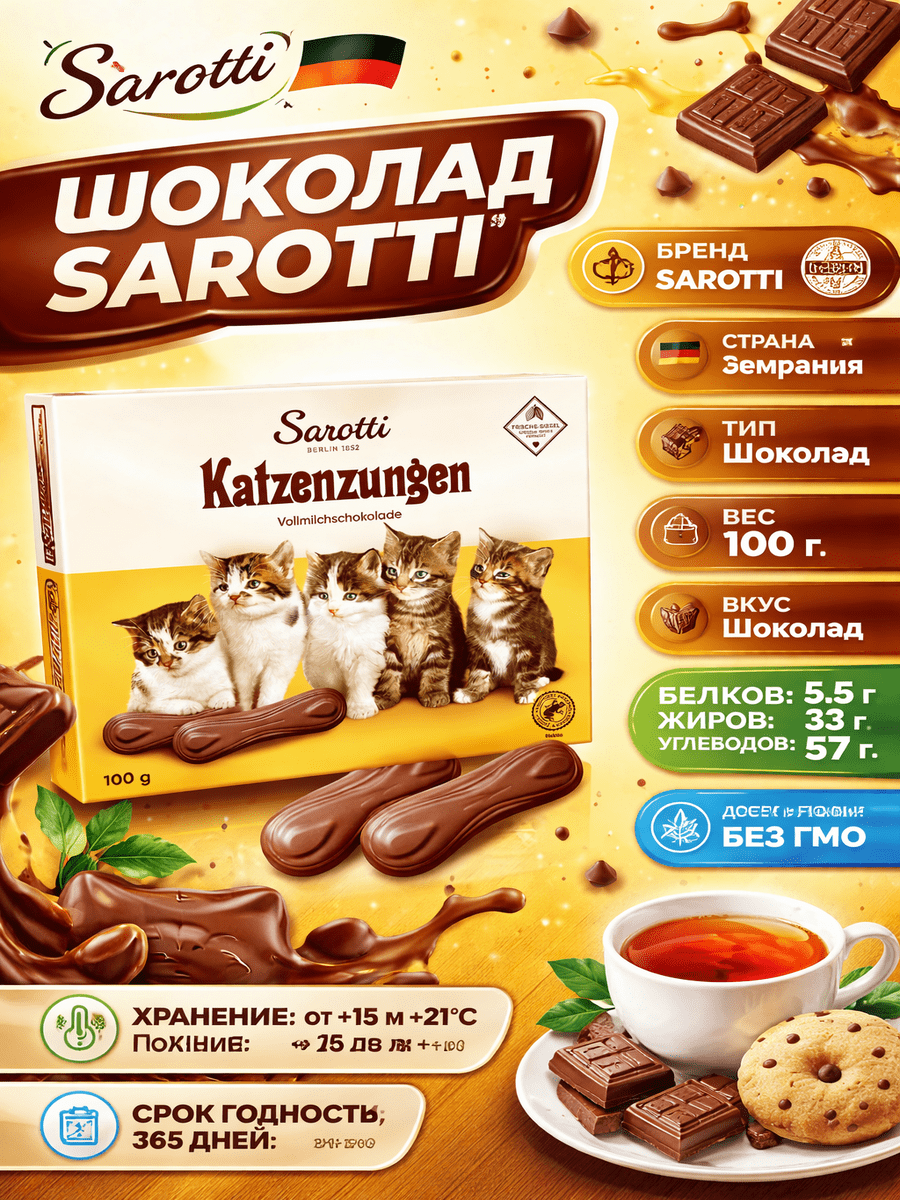 Шоколад Sarotti Кошачьи язычки порционный, 100г
