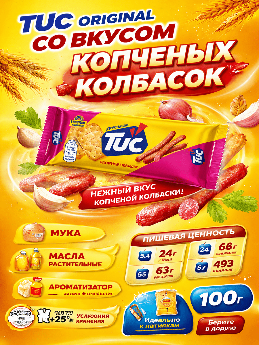 Печенье крекеры Tuc Original со вкусом копченых колбасок, 100г