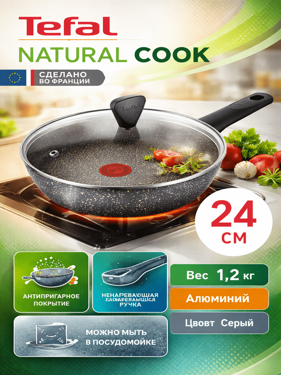 Сковорода Tefal Natural Cook с крышкой, 24см