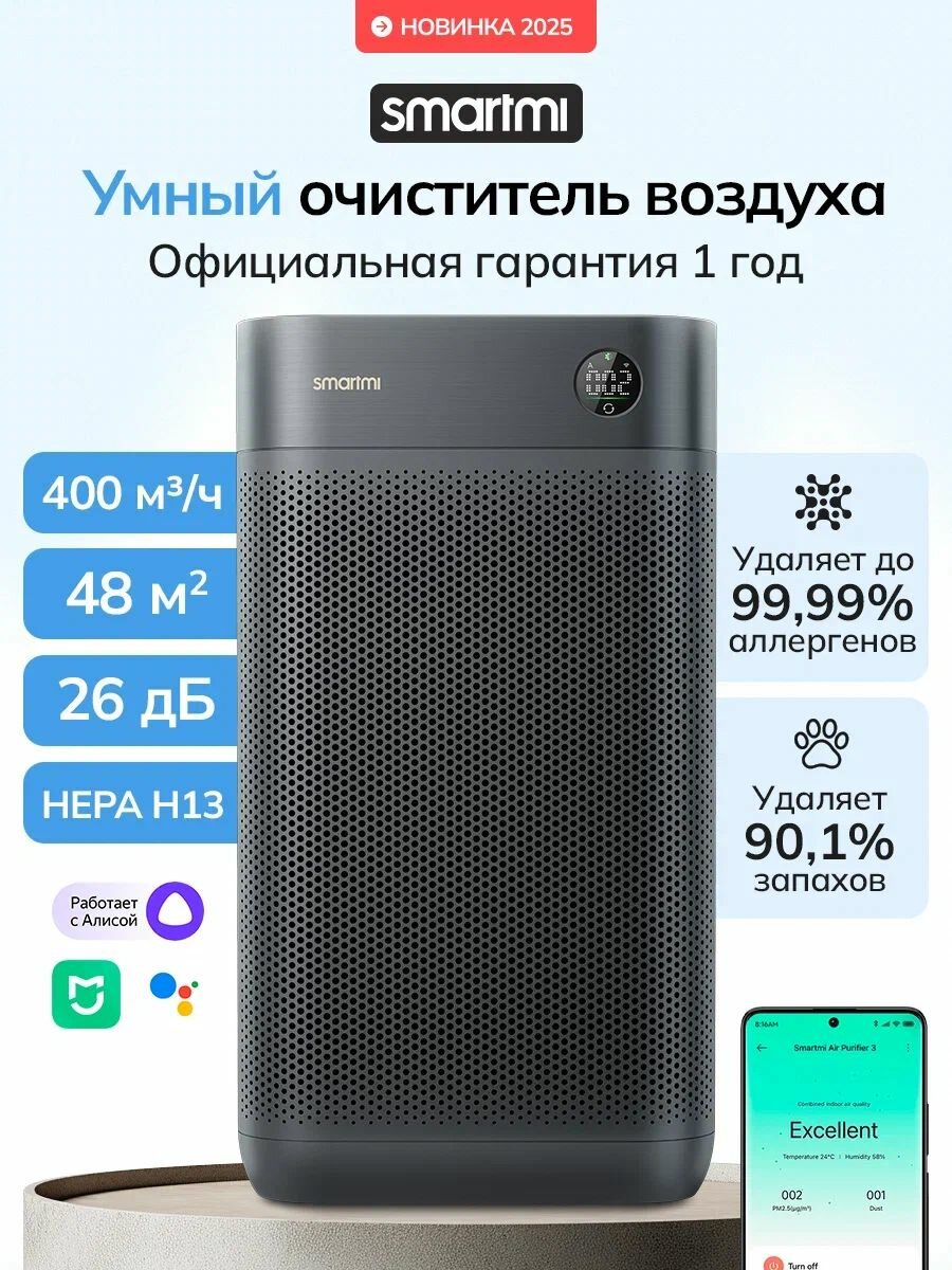 Очиститель воздуха Smartmi Air Purifier 3 (KQJHQ03ZM), 48м2, лазерный датчик