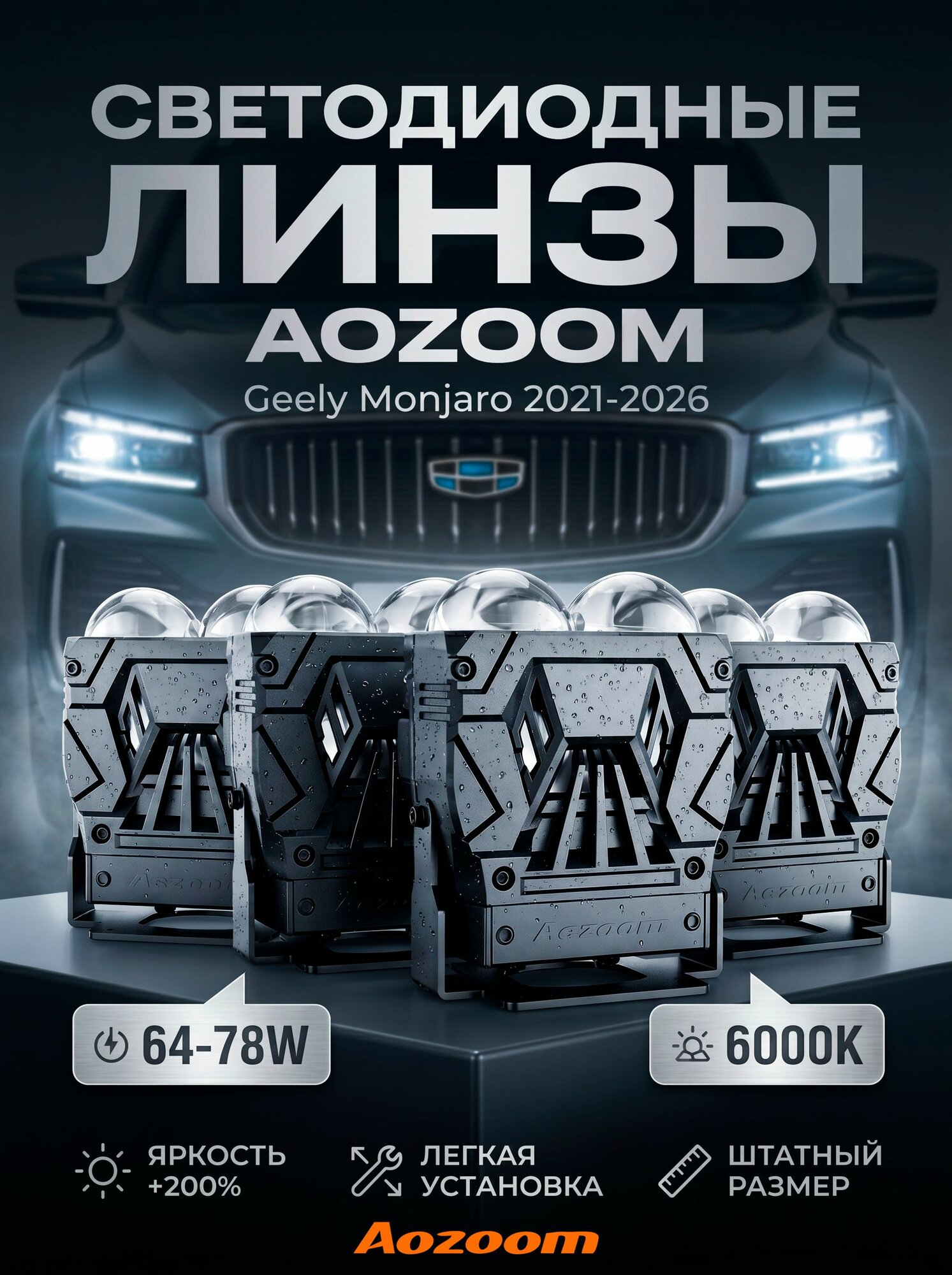 Светодиодные Bi-Led модули Aozoom для фар Geely Monjaro 2021-2026 / Замена штатных линз на Джили Монджаро