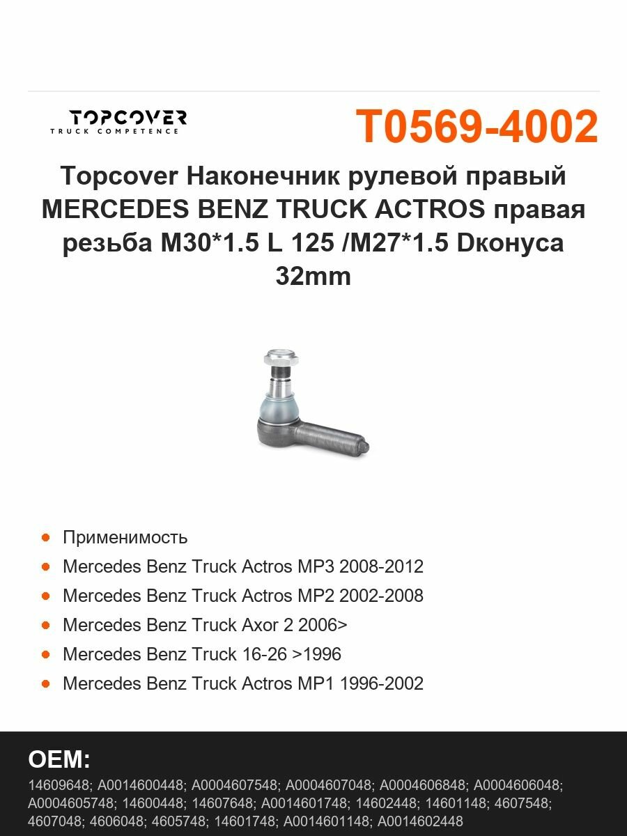 Topcover Наконечник рулевой правый MERCEDES BENZ TRUCK ACTROS правая резьба M30*1.5 L 125 /M27*1.5 Dконуса 32mm