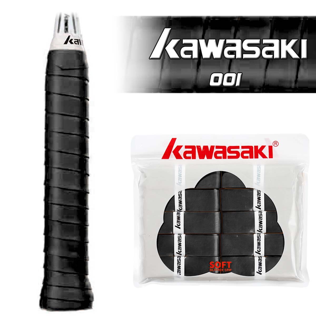 Набор обмоток для бадминтона, тенниса KAWASAKI 001, 10 штук, черные