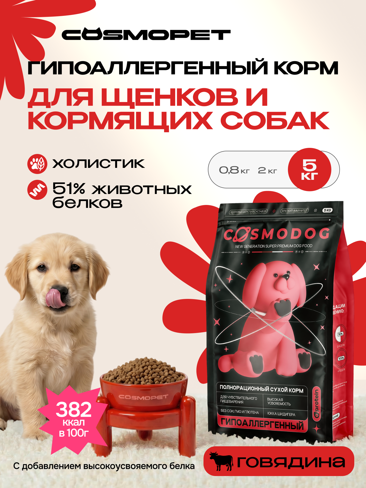 Сухой корм для щенков премиум класса Cosmodog 5 кг, для мелких и крупных пород с говядиной