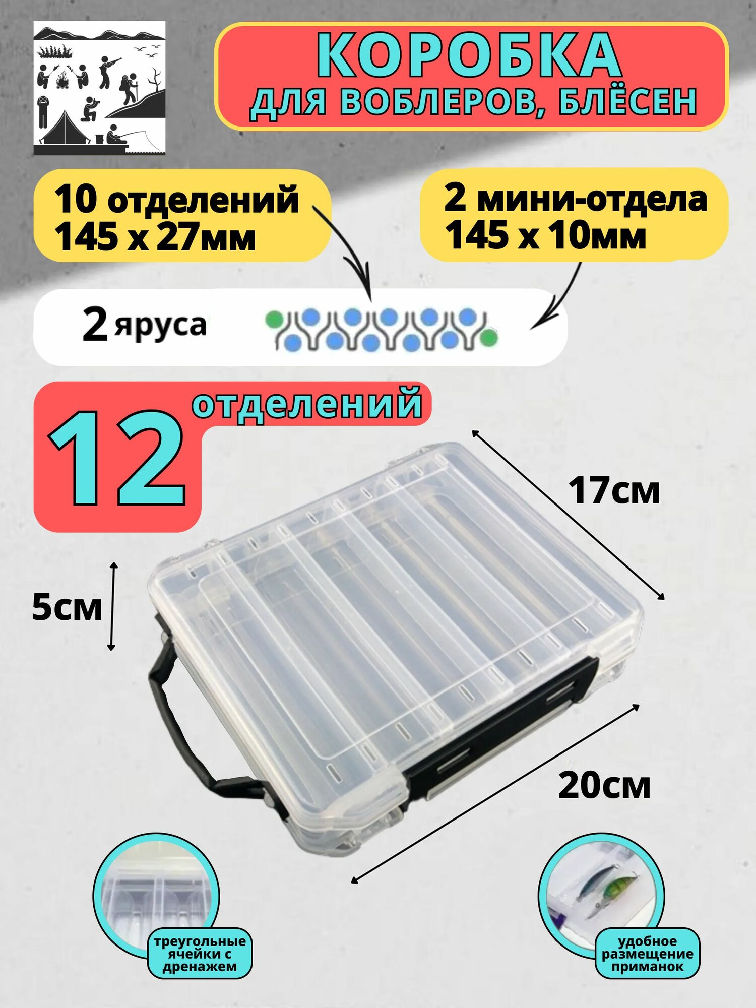 Коробка для воблеров двухсторонняя 6+6 секций 20х17х5см
