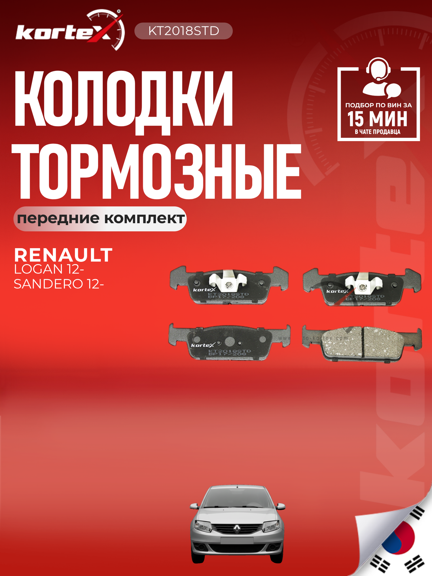 Колодки тормозные передние Рено Логан-II/Сандеро-II (с 2014 г. в.) с двигателем 1.6 8V (K7M). Длина колодки 140 мм.