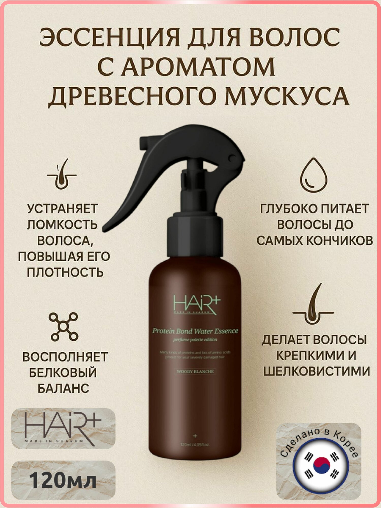 Эссенция для волос несмываемая, с гидролизованным кератином и протеинами шелка, бондинг-уход против секущихся кончиков HAIRPLUS Protein Bond Water Essence Woody Blanche