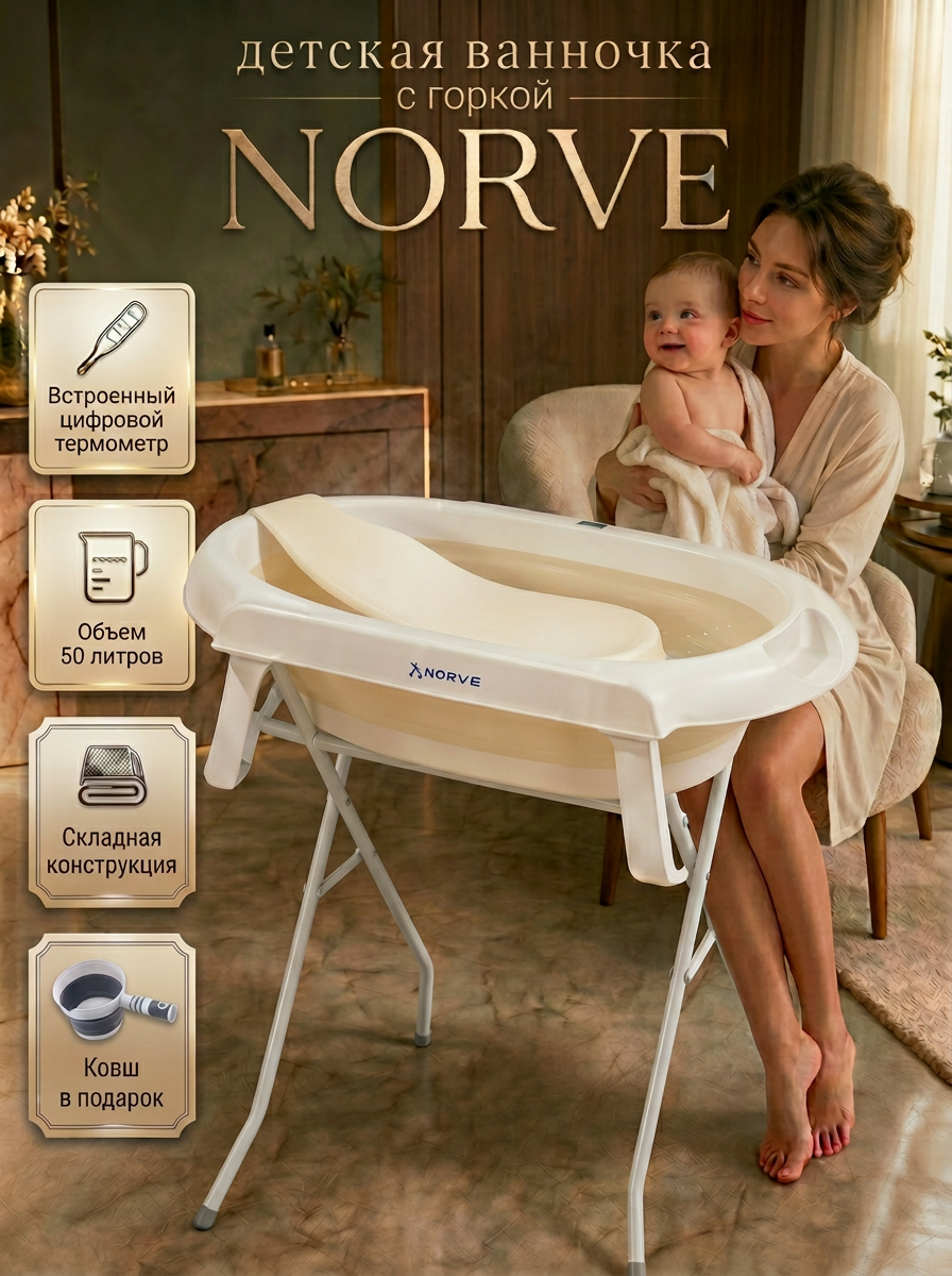 Ванночка детская "Norve" для купания новорожденных и малышей складная с горкой термометром подставкой, ковшик в подарок