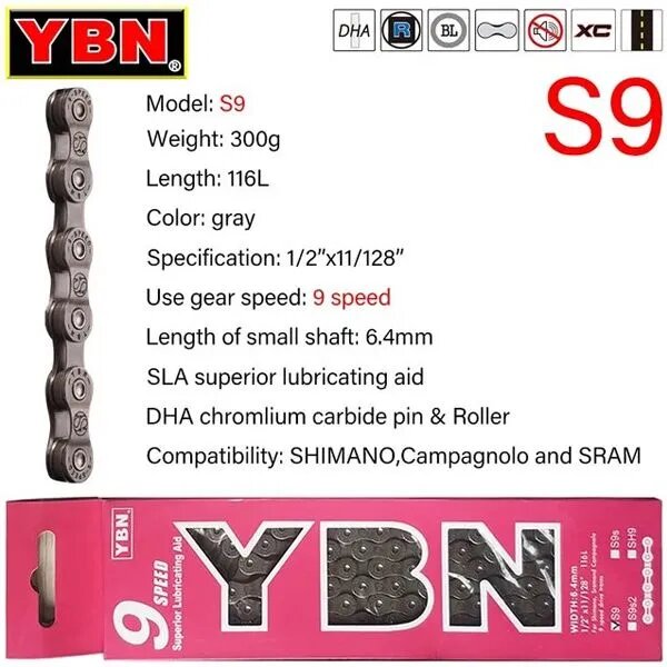 Велосипедная цепь YBN S9, 1/2 "x11/128", 116 звеньев, 9 скоростей, замок цепи